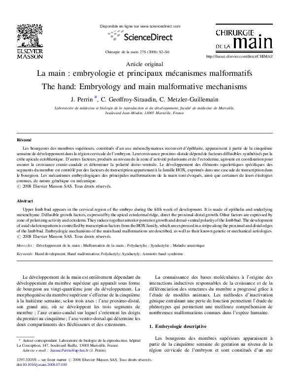 (PDF) [The hand: embryology and main malformative mechanisms]