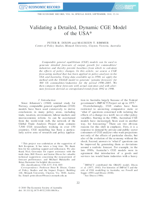 (PDF) Validating a Detailed, Dynamic CGE Model of the USA*