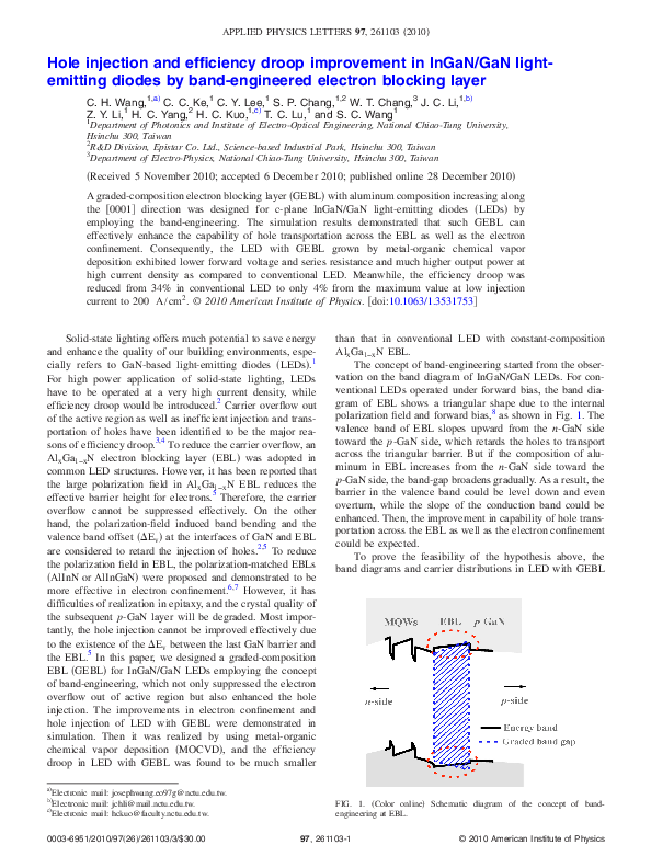 (PDF) Hole injection and efficiency droop improvement in InGaN/GaN light-emitting diodes by band ...