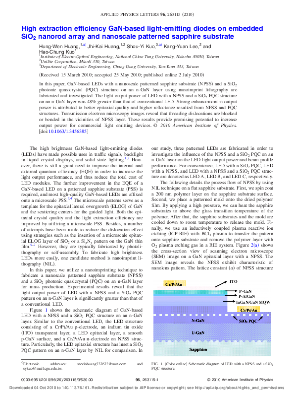 Pdf Efficiency Improvement Of Gan Based Leds With A Hbox Sio 2 Nanorod Array And A