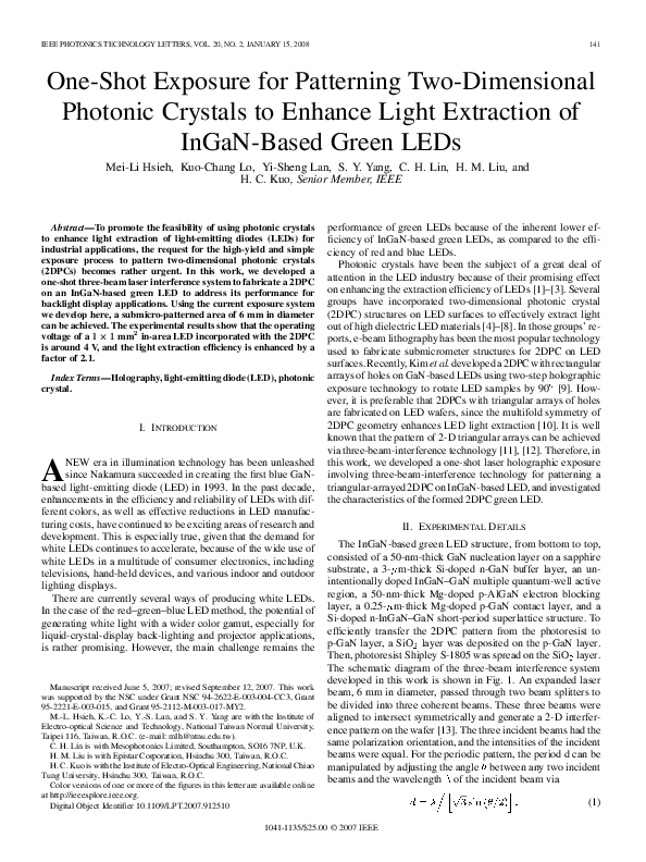 Pdf One Shot Exposure For Patterning Two Dimensional Photonic Crystals To Enhance Light