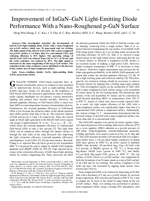 (PDF) Improvement of InGaN-GaN light-emitting diode performance with a nano-roughened p-GaN ...