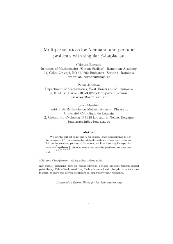 (PDF) Multiple solutions for Neumann and periodic problems with singular ϕ-Laplacian