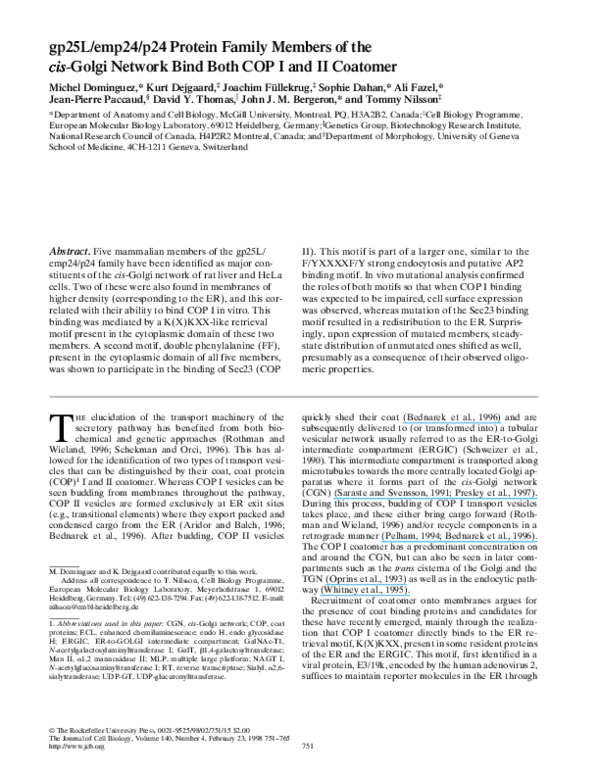 (PDF) gp25L/emp24/p24 Protein Family Members of the cis-Golgi Network ...