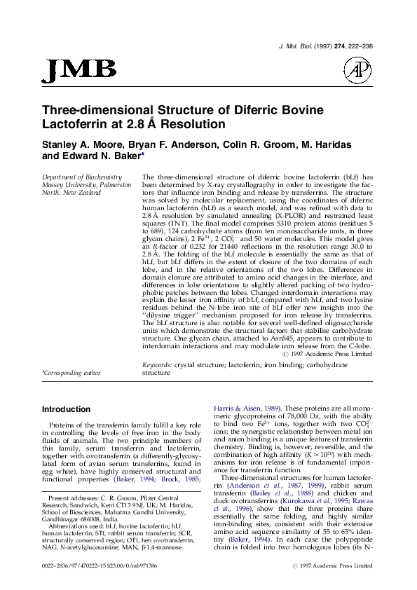 (PDF) Three-dimensional structure of diferric bovine lactoferrin at 2.8 ...