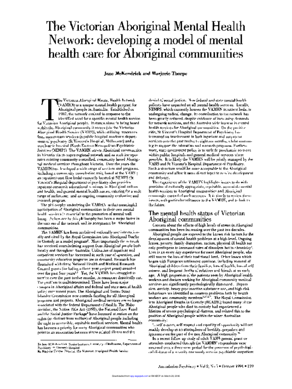 (PDF) The Victorian Aboriginal Mental Health Network: developing a ...