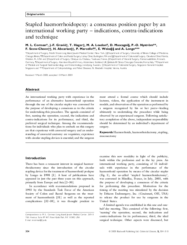 (PDF) Stapled haemorrhoidopexy: a consensus position paper by an ...