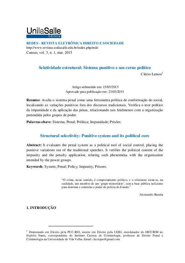(PDF) SELETIVIDADE ESTRUTURAL: SISTEMA PUNITIVO E SEU CERNE POLÍTICO ...