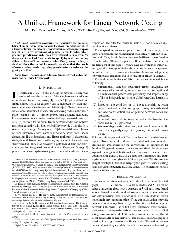 Pdf A Unified Framework For Linear Network Coding