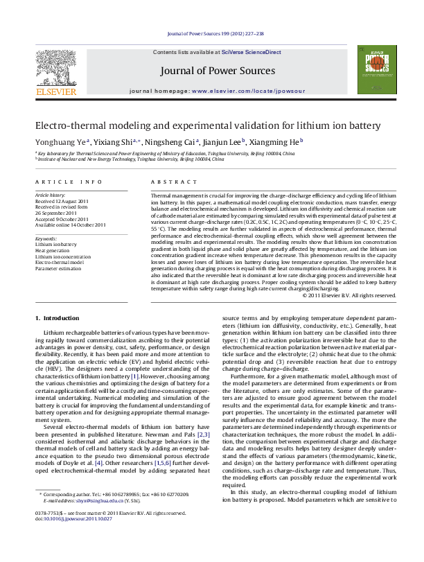 Pdf Electro Thermal Modeling And Experimental Validation For Lithium