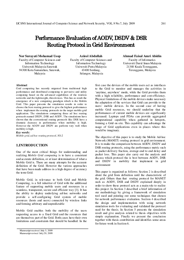 Pdf Performance Evaluation Of Aodv Dsdv And Dsr Routing Protocol In Grid Environment Azizol
