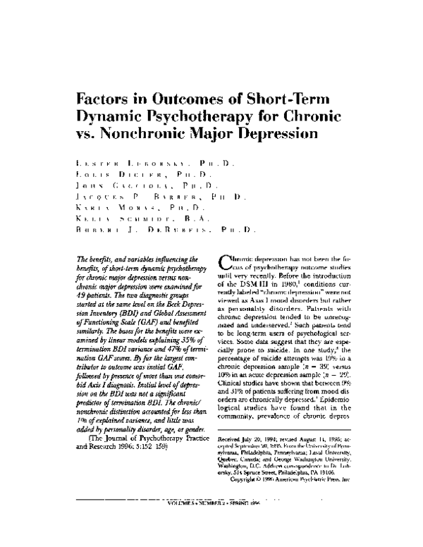 (PDF) Factors in Outcomes of Short-Term Dynamic Psychotherapy for ...