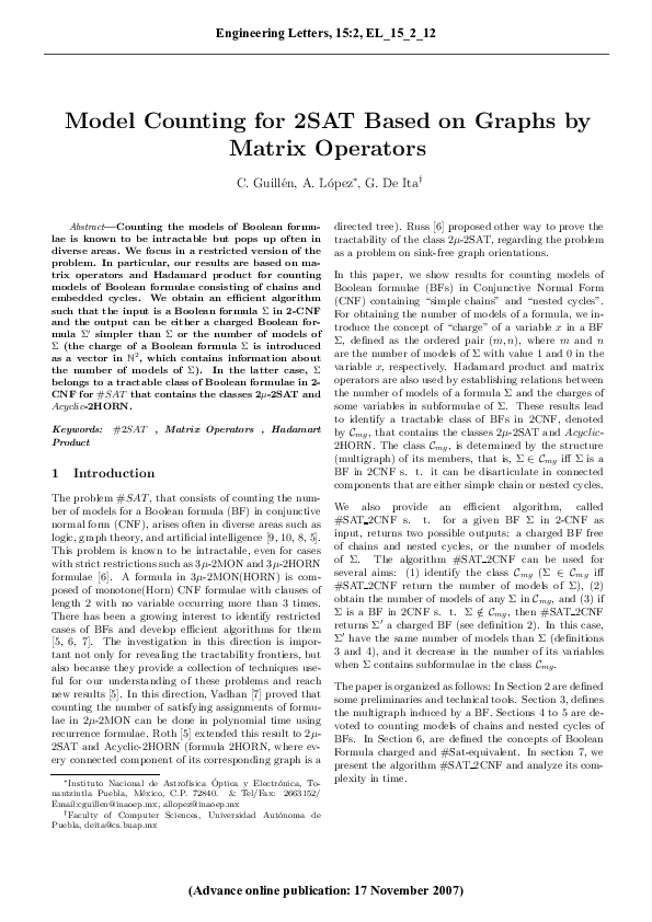 (PDF) Model Counting for 2SAT Based on Graphs by Matrix Operators