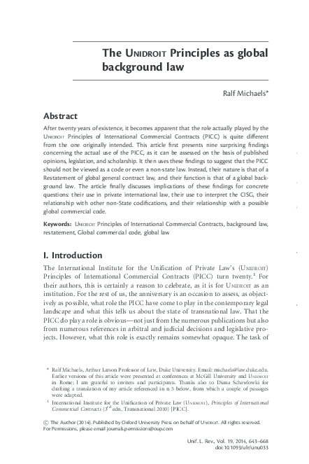 (PDF) The UNIDROIT Principles as Global Background Law