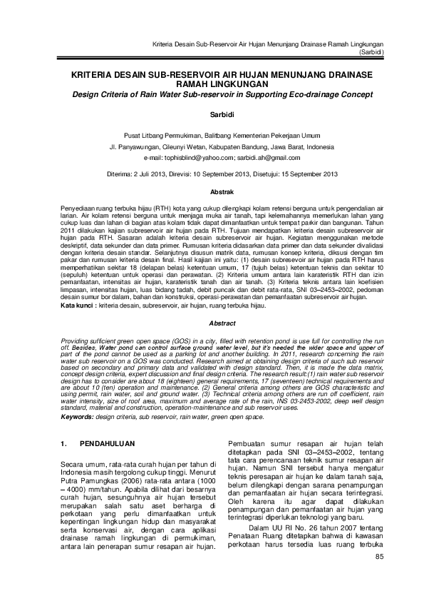 Kriteria Desain Sub-Reservoir Air Hujan Menunjang Drainase Ramah ...