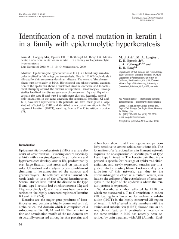 (PDF) Identification of a novel mutation in keratin 1 in a family with ...
