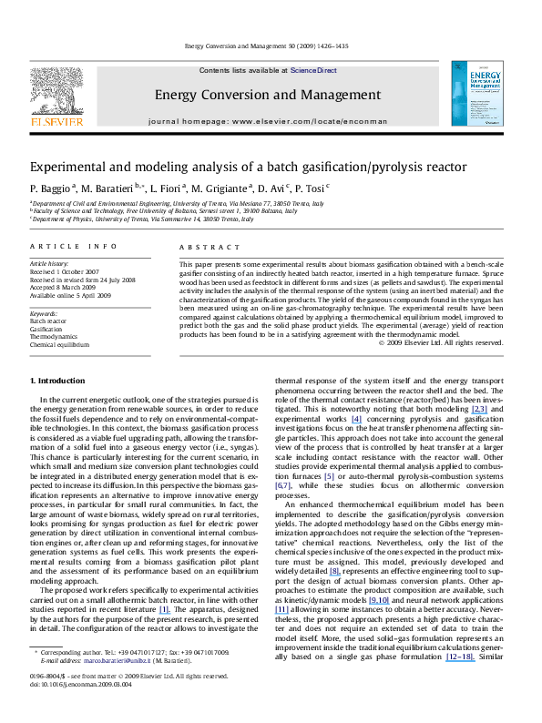 (PDF) Experimental and modeling analysis of a batch gasification/pyrolysis reactor