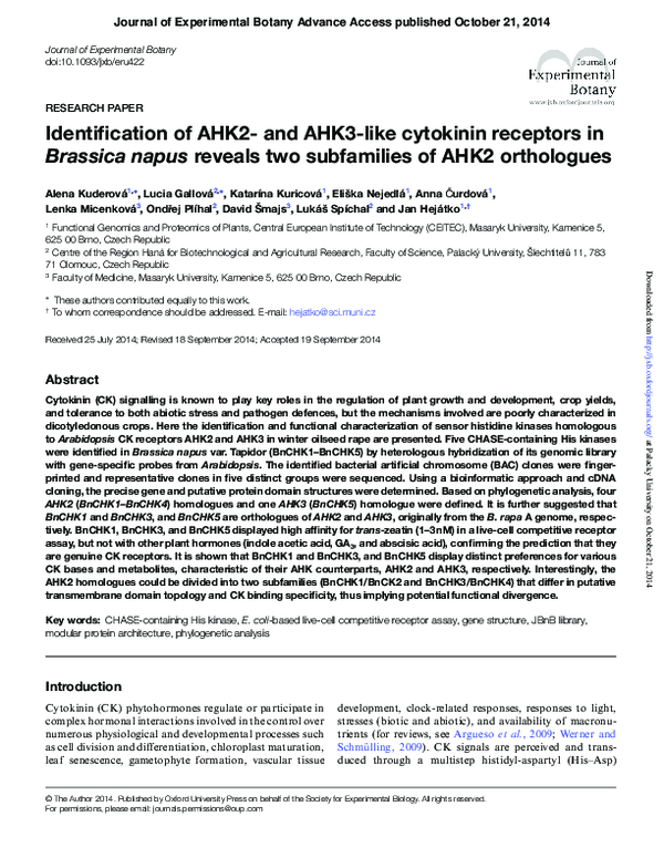 (PDF) Identification of AHK2- and AHK3-like cytokinin receptors in ...