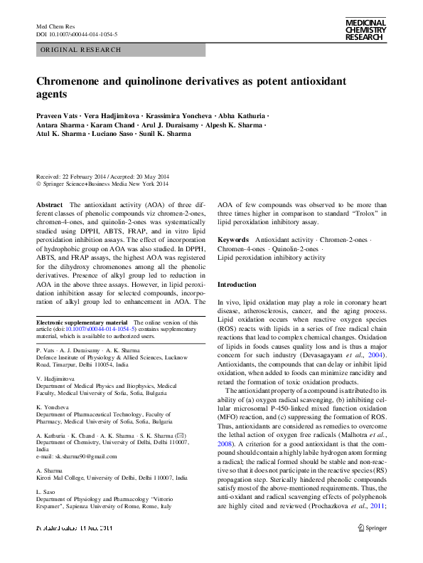 (PDF) Chromenone and quinolinone derivatives as potent antioxidant agents