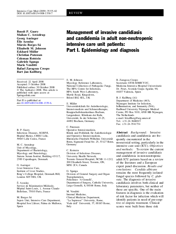 (PDF) Management of invasive candidiasis and candidemia in adult non-neutropenic intensive care ...