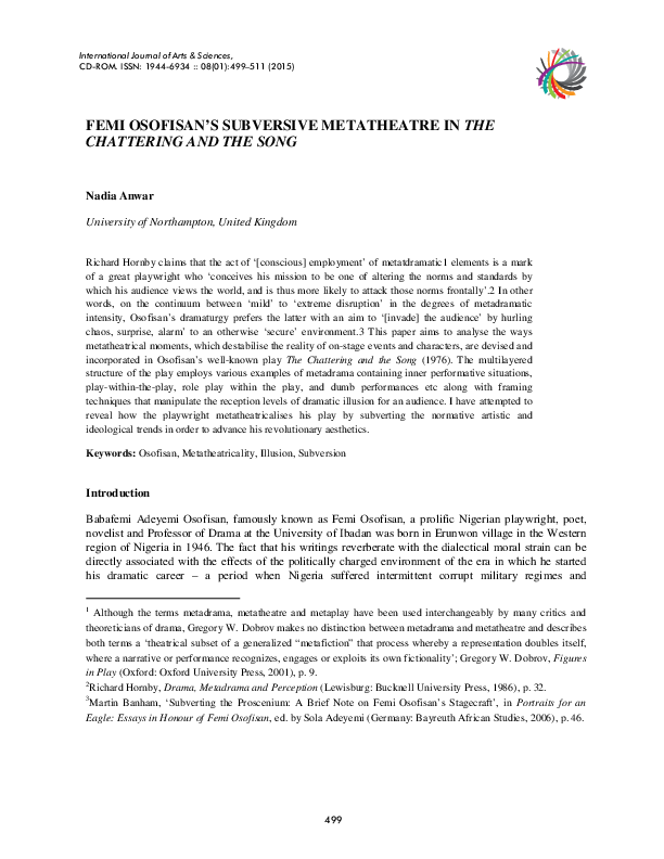 (PDF) Femi Osofisan's Subversive Metatheatre in The Chattering and The Song