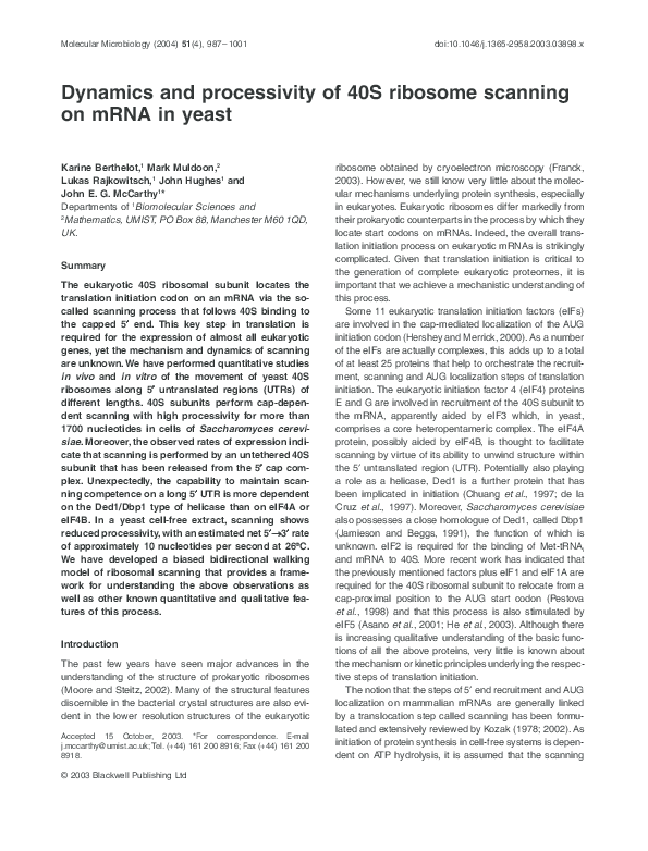 (PDF) Dynamics and processivity of 40S ribosome scanning on mRNA in yeast