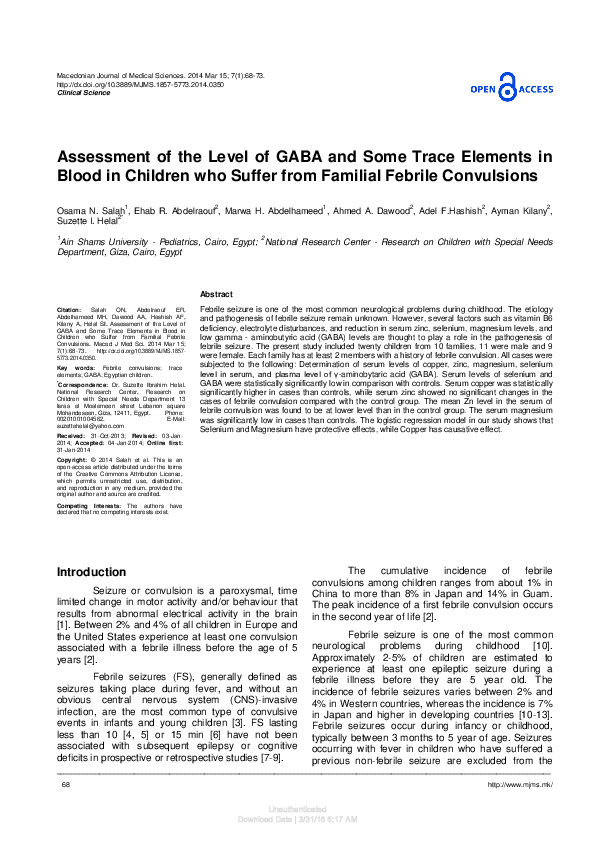 (PDF) Assessment of the Level of GABA and Some Trace Elements in Blood ...