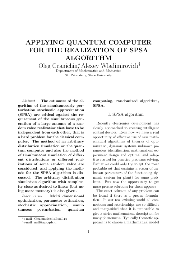 (PDF) Applying Quantum Computer for the Realization of Spsa Algorithm