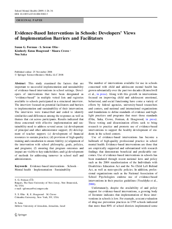 (PDF) Evidence-Based Interventions in Schools: Developers’ Views of ...