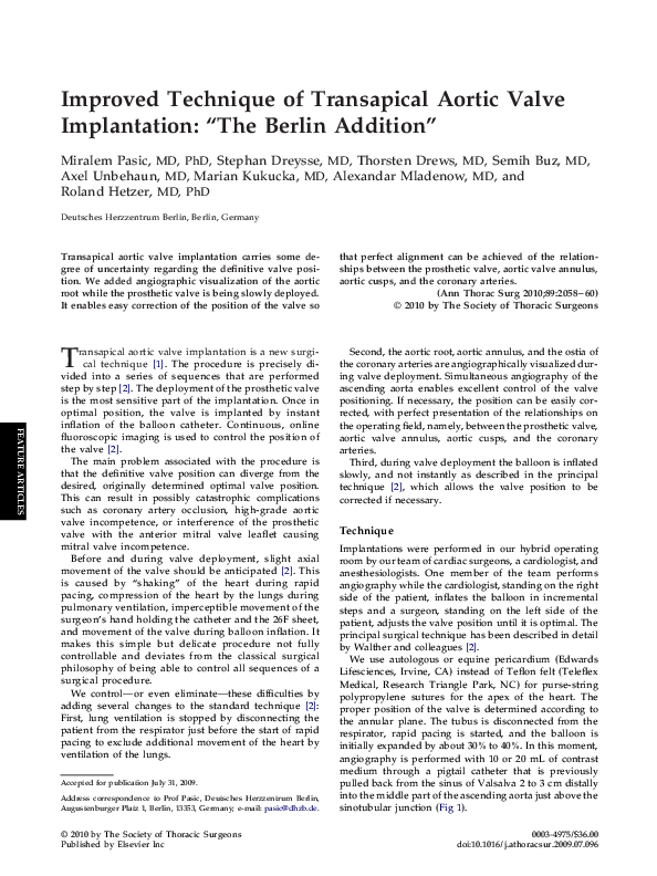 (PDF) Improved Technique of Transapical Aortic Valve Implantation: “The ...