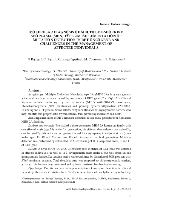 (PDF) Molecular Diagnosis of Multiple Endocrine Neoplasia (MEN) Type 2A ...