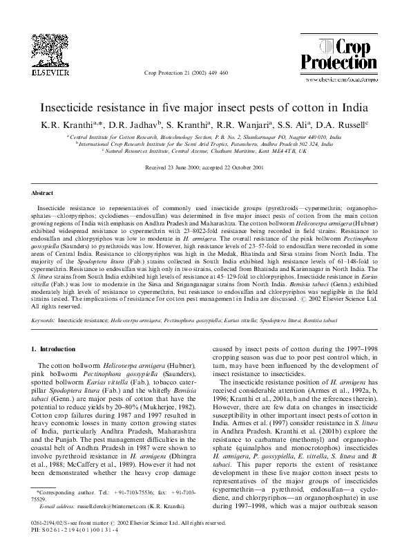 (PDF) Insecticide resistance in five major insect pests of cotton in India