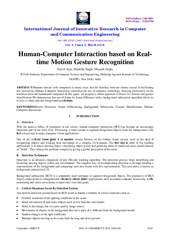 Pdf Human Computer Interaction Based On Real Time Motion Gesture Recognition