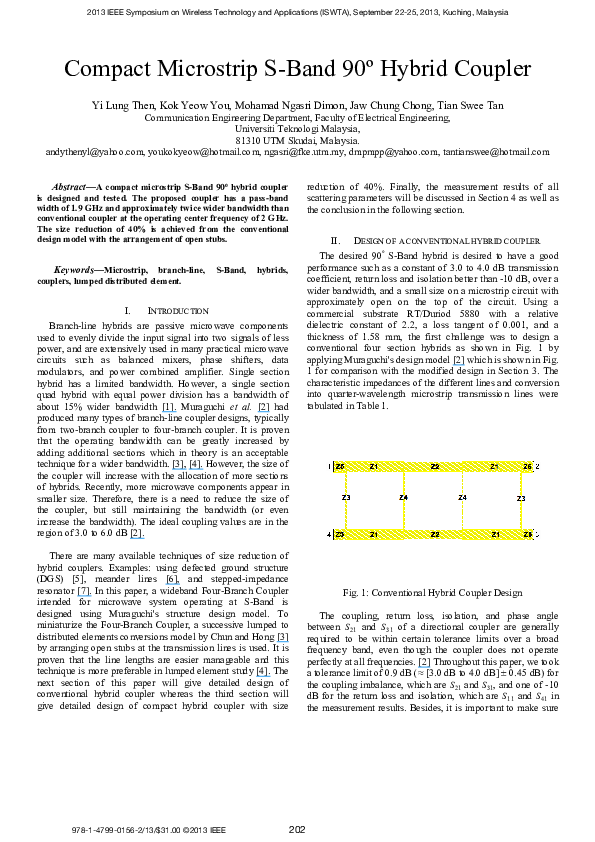 (PDF) Compact microstrip S-Band 90° hybrid coupler