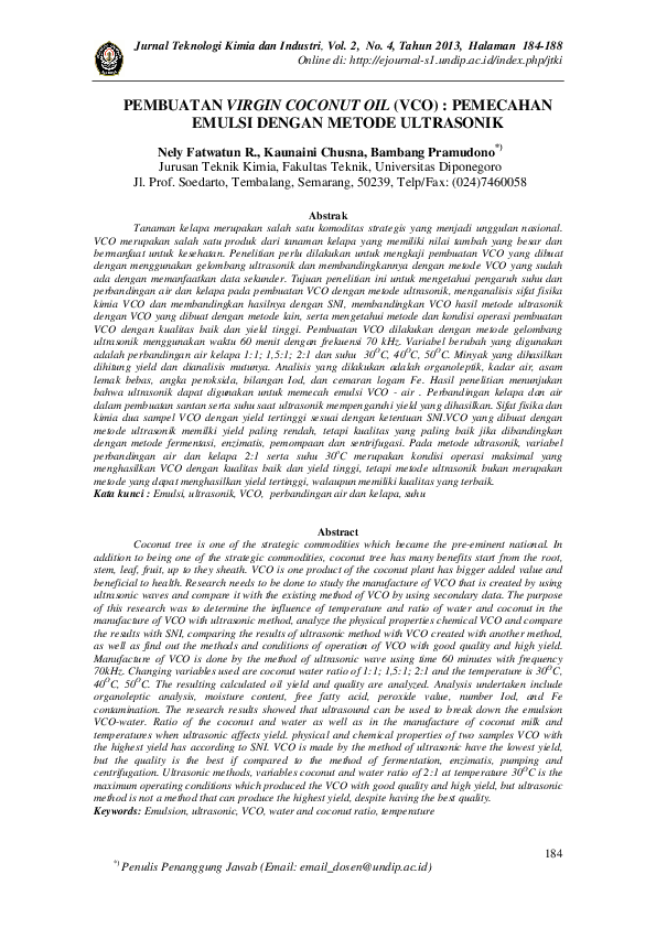 (PDF) PEMBUATAN VIRGIN COCONUT OIL (VCO) : PEMECAHAN EMULSI DENGAN METODE ULTRASONIK