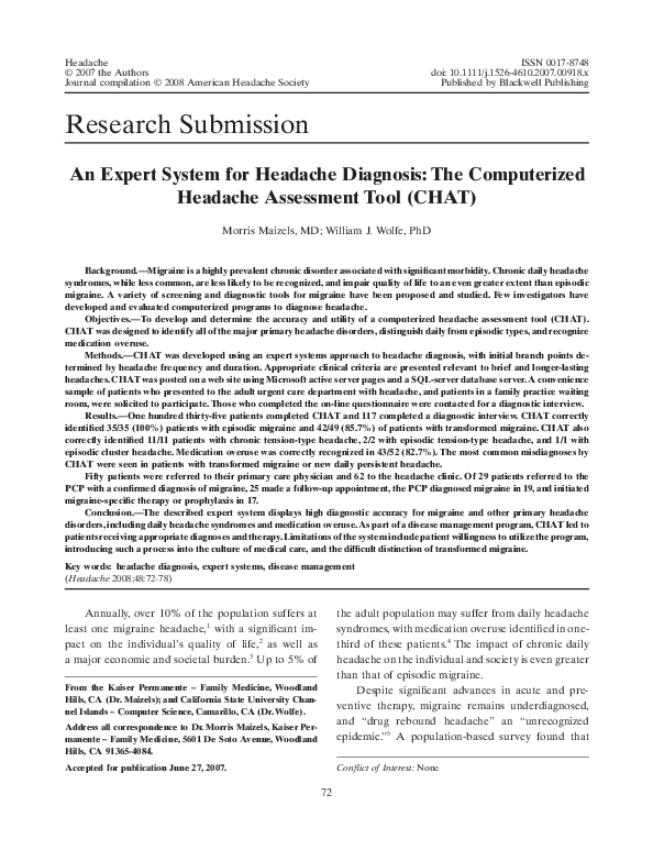 (PDF) An Expert System for Headache Diagnosis: The Computerized ...