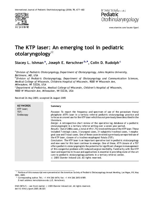 (PDF) The KTP laser: An emerging tool in pediatric otolaryngology