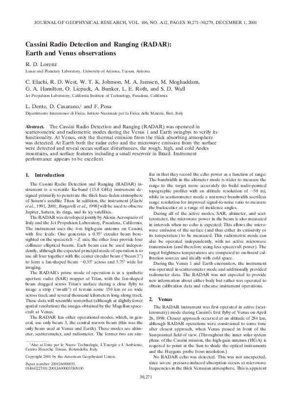 (PDF) Cassini Radio Detection and Ranging (RADAR): Earth and Venus ...