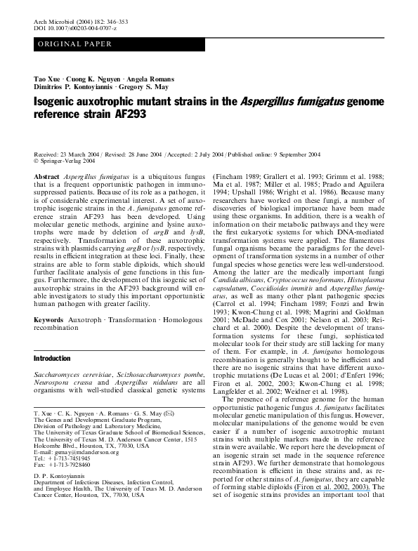 (PDF) Isogenic auxotrophic mutant strains in the Aspergillus fumigatus ...