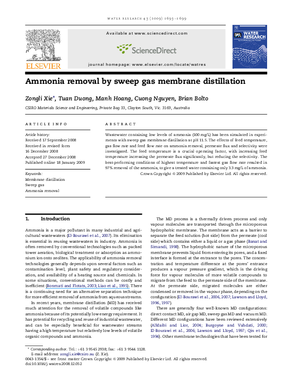(PDF) Ammonia removal by sweep gas membrane distillation