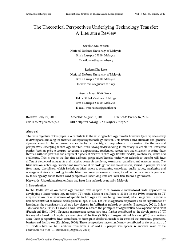 (PDF) The Theoretical Perspectives Underlying Technology Transfer: A ...
