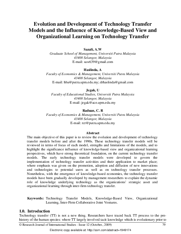 (PDF) Evolution and Development of Technology Transfer Models and the ...