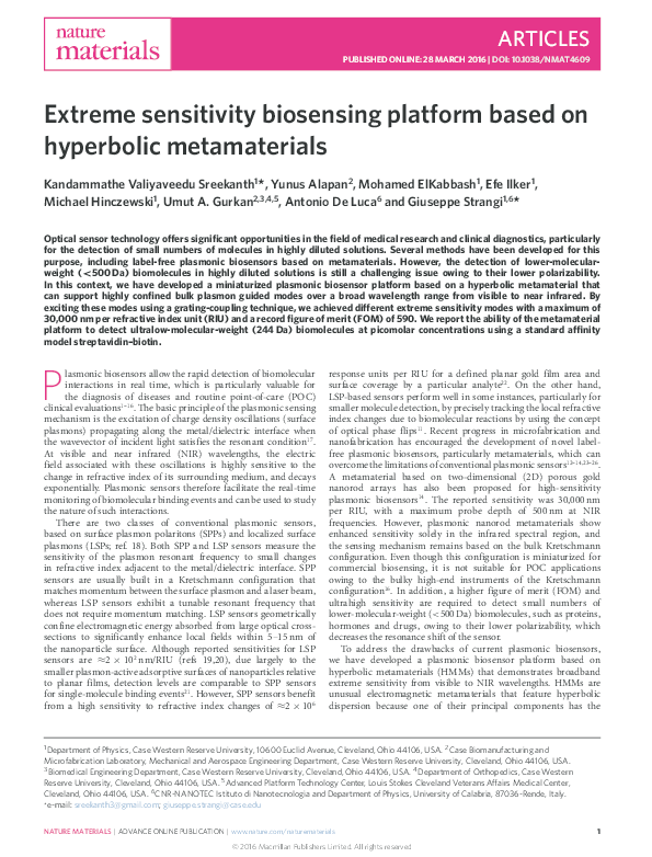 (PDF) Extreme sensitivity biosensing platform based on hyperbolic metamaterials