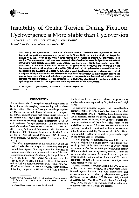(PDF) Instability of ocular torsion during fixation: cyclovergence is ...