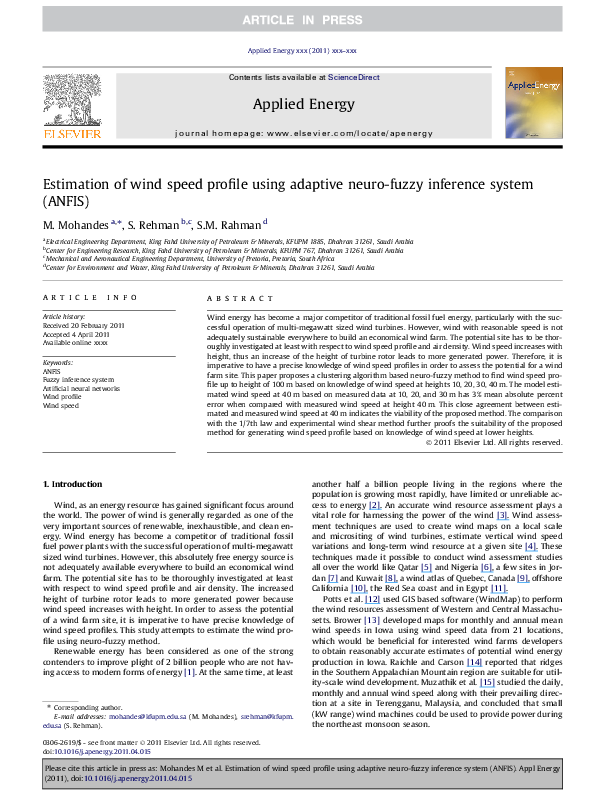 Pdf Estimation Of Wind Speed Profile Using Adaptive Neuro Fuzzy Inference System Anfis