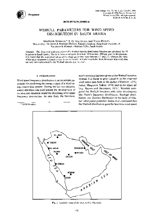 Pdf Weibull Parameters For Wind Speed Distribution In Saudi Arabia