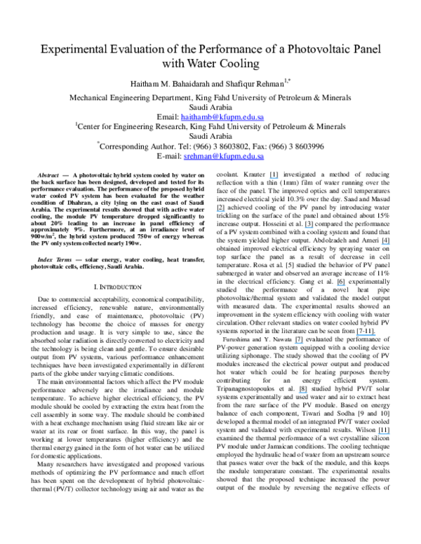 Pdf Experimental Evaluation Of The Performance Of A Photovoltaic