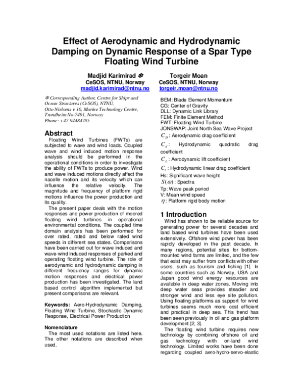 Pdf Effect Of Aerodynamic And Hydrodynamic Damping On Dynamic Response Of A Spar Type Floating