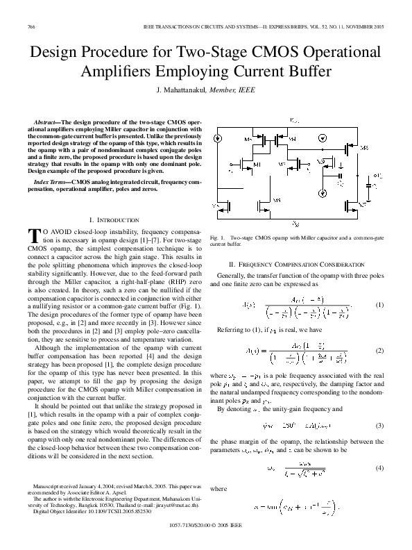 (PDF) Design Procedure for Two-Stage CMOS Operational Amplifiers Employing Current Buffer