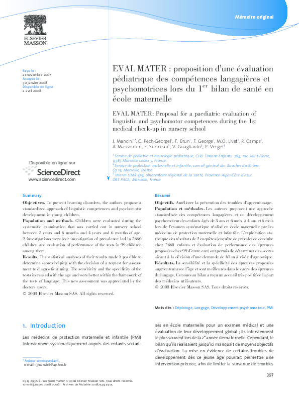 (PDF) EVAL MATER : proposition d’une évaluation pédiatrique des compétences langagières et ...